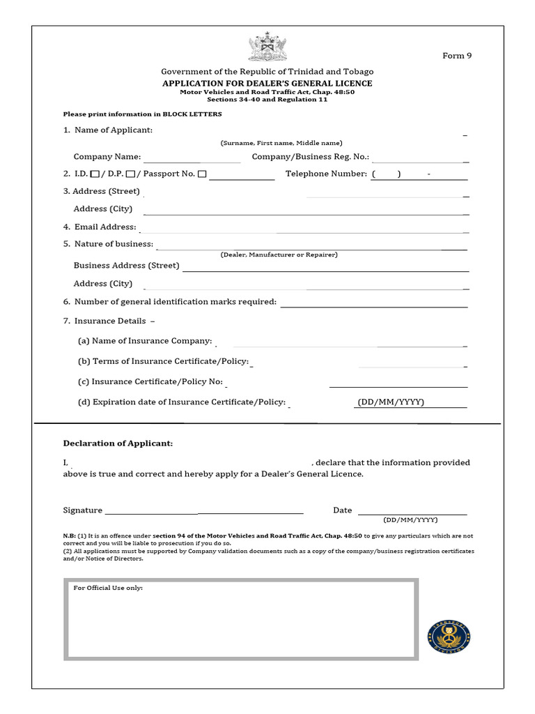 Application For Dealers General Licence | PDF