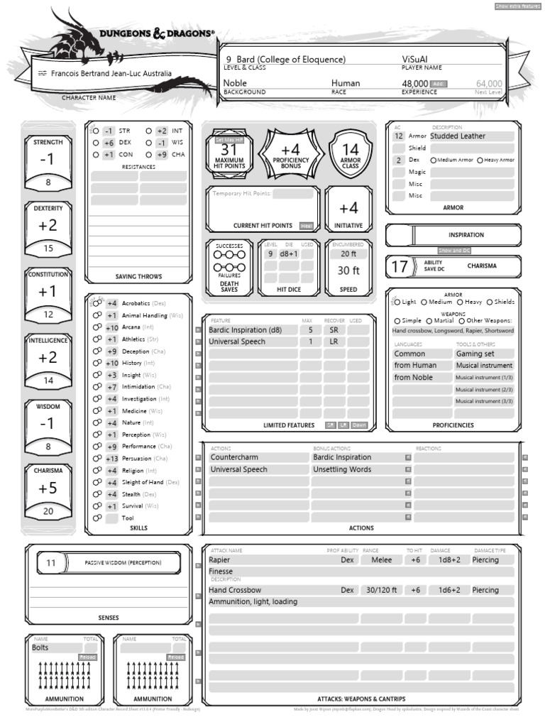 D&D 5E Character Sheet Template | PDF | D20 System | Gary Gygax Games