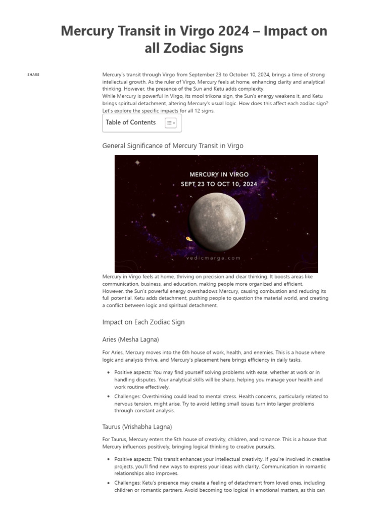 Mercury Transit in Virgo 2024 - Impact on All Zodiac Signs | PDF ...