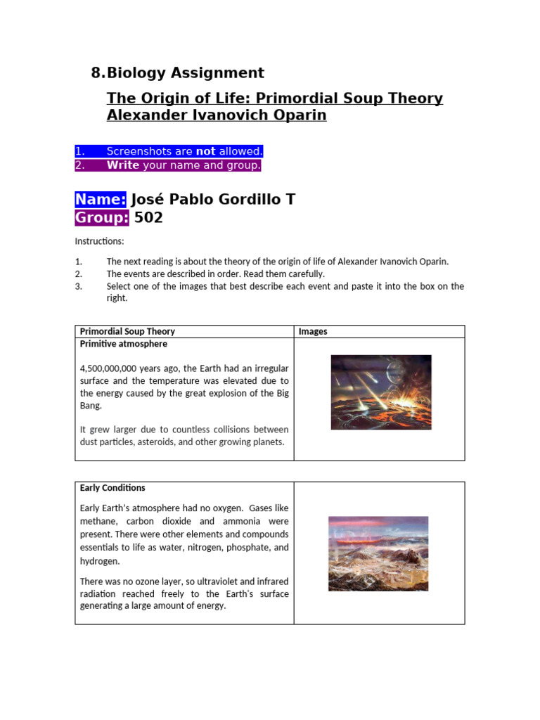 Bio Assignment. Primordial Soup Theory | PDF | Abiogenesis | Atmosphere ...