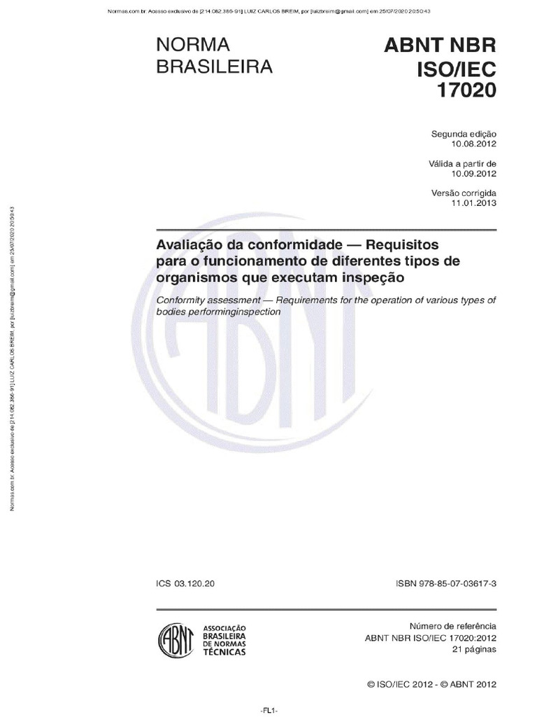 ISO 17020 IEC 2013 Avaliação de Conformidade - Requisitos para o ...