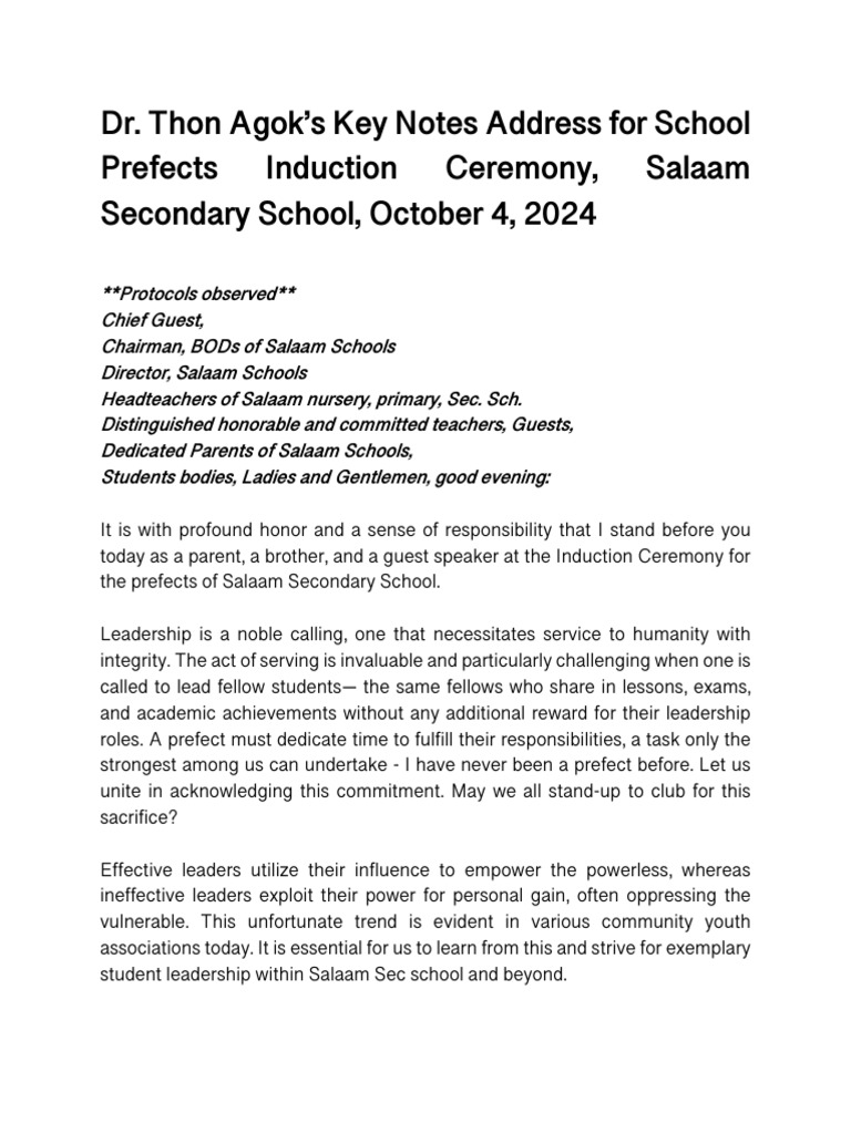 Salaam School Prefects Induction Speech | PDF | Leadership | Social ...
