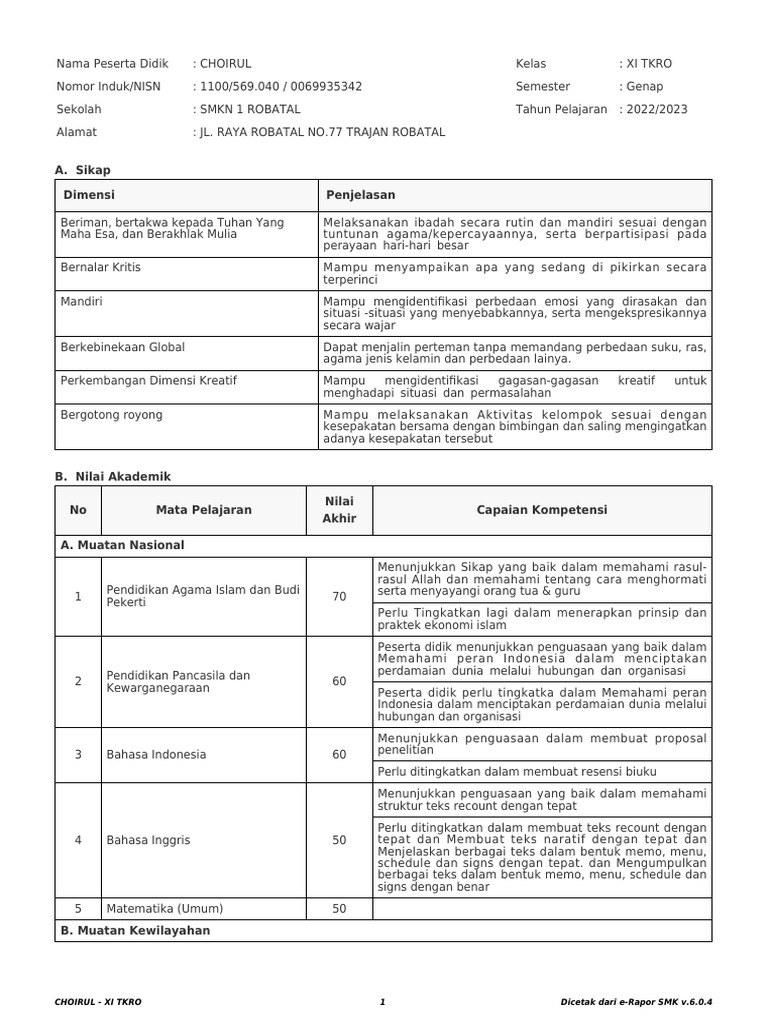 Rapor Choirul - Xi Tkro | PDF