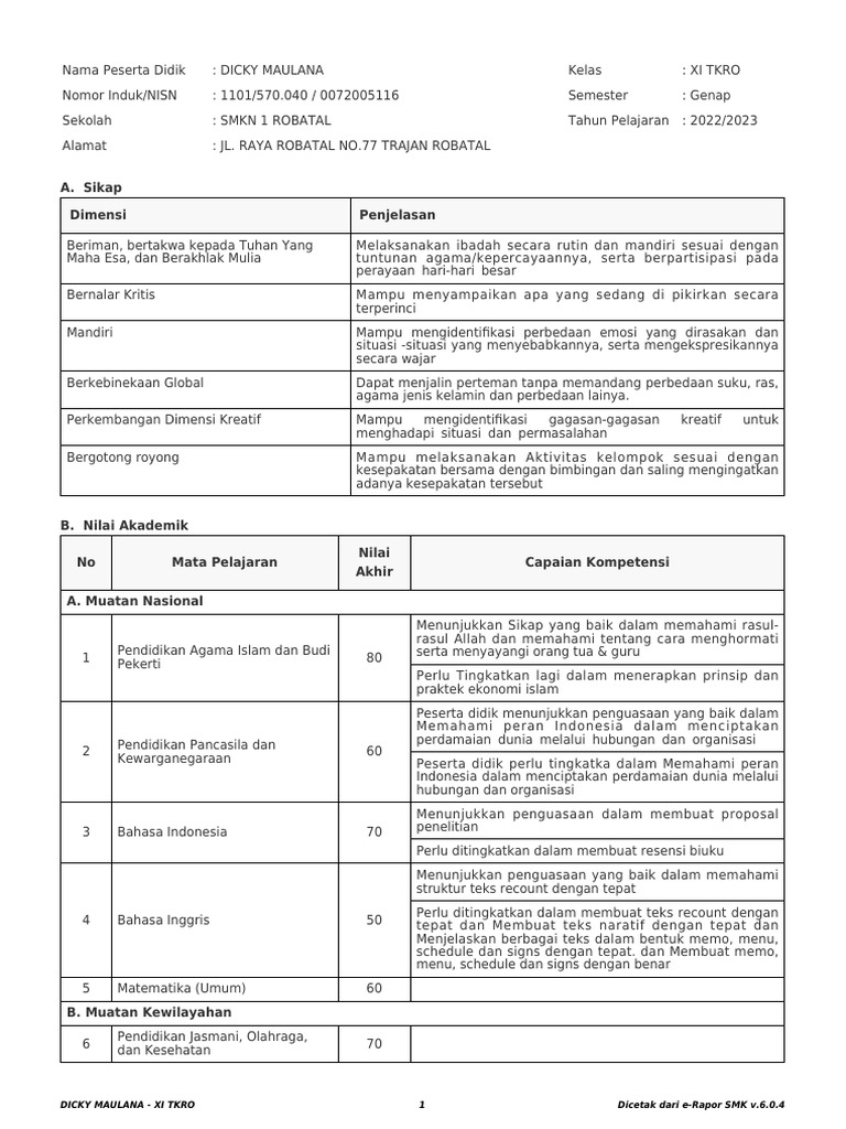 Rapor Dicky Maulana - Xi Tkro | PDF