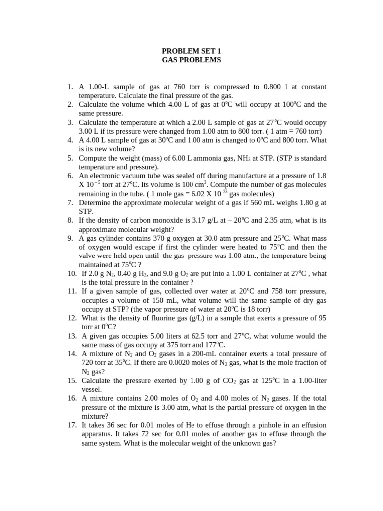 Gas Problems | PDF | Gases | Pressure