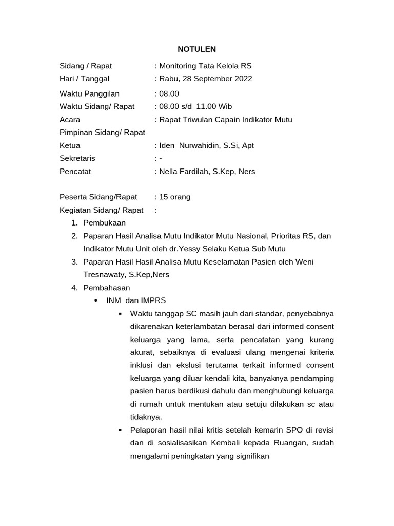 Notulen Rapat Monitoring RS September 2022 | PDF