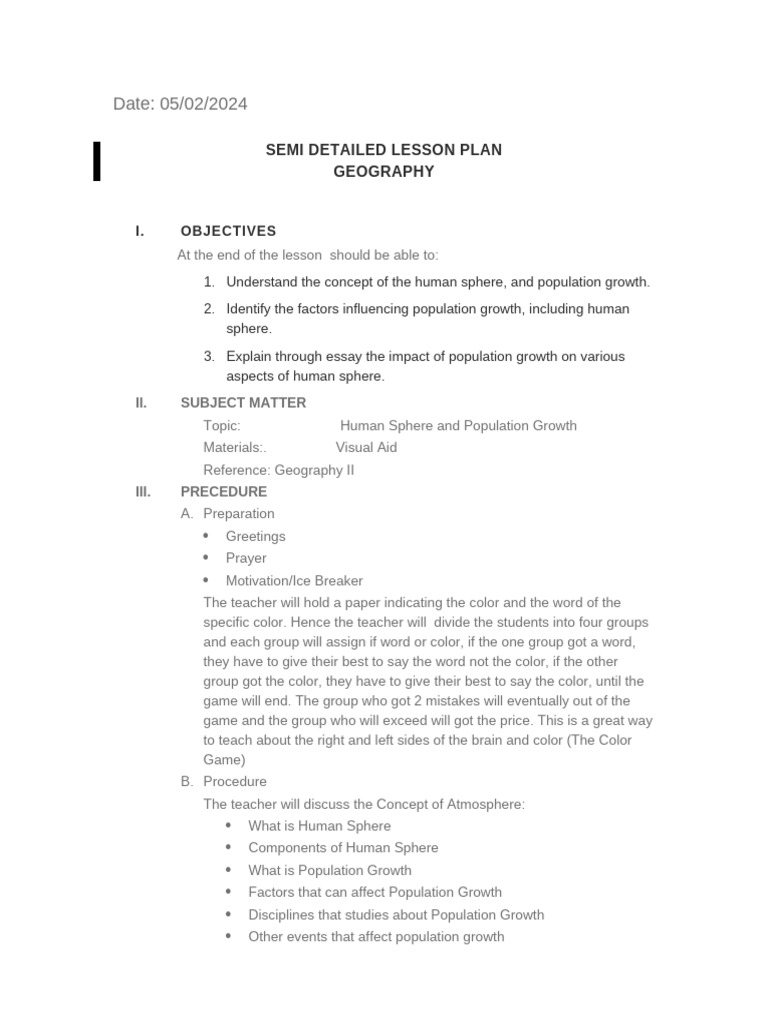 Date: 05/02/2024: Semi Detailed Lesson Plan Geography | PDF