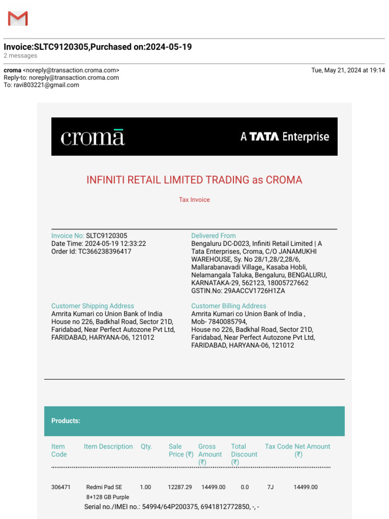 Gmail - Invoice - SLTC9120305, Purchased On - 2024-05-19 | PDF ...