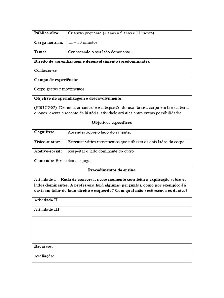 Plano de Aula - Exemplo | PDF