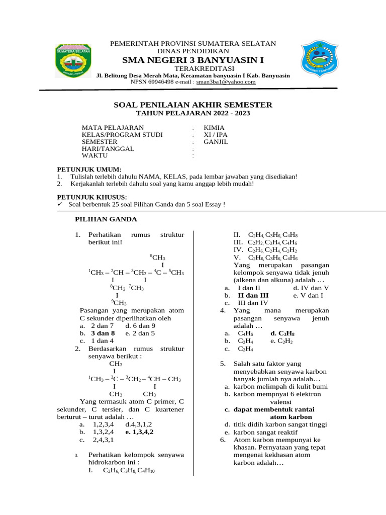 Format Soal Kimia Kelas Xi Uas | PDF