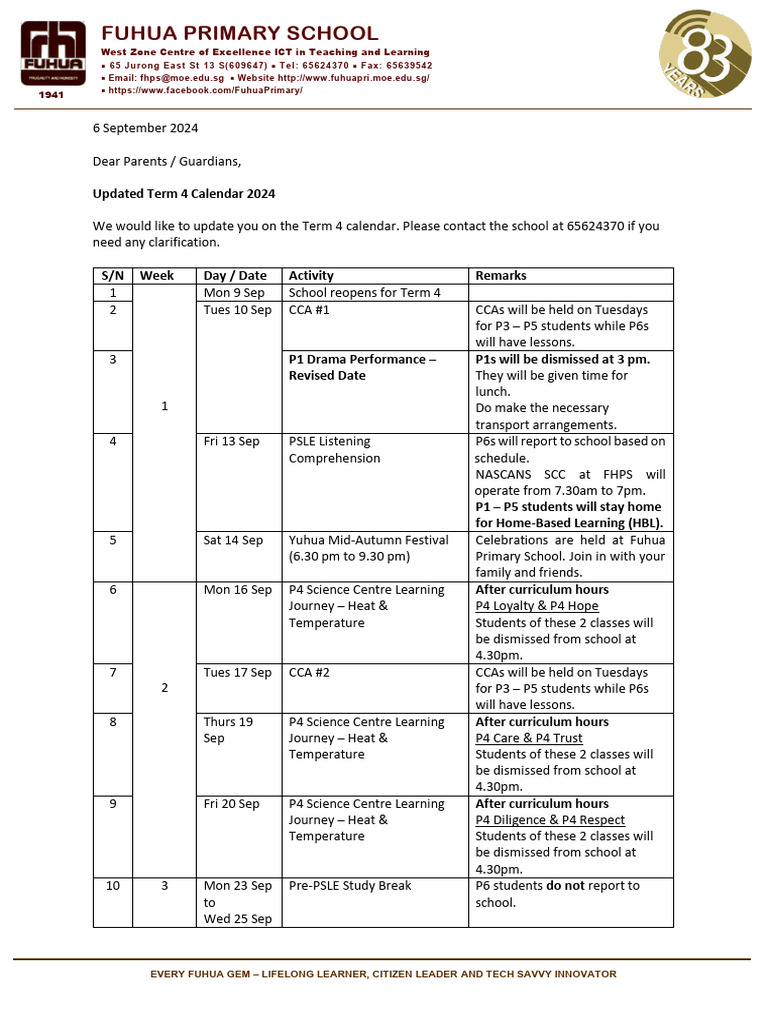 FHPS Term 4 Calendar Update 2024 | PDF