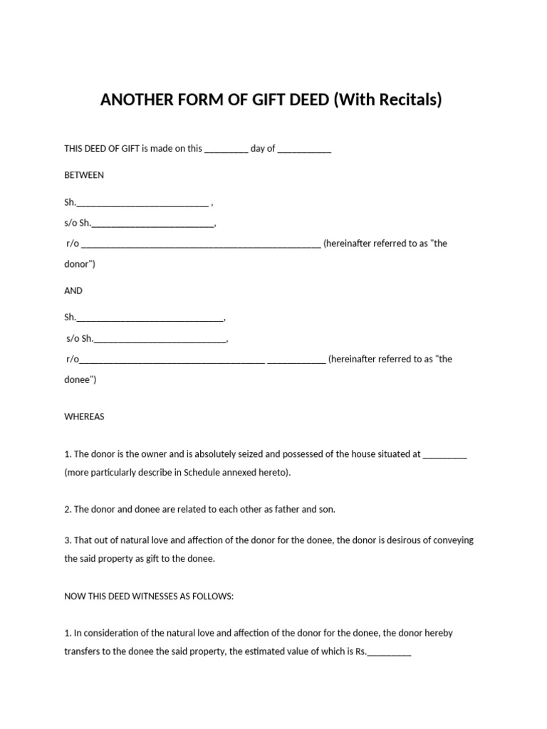 Gift Deed Template with Recitals | PDF