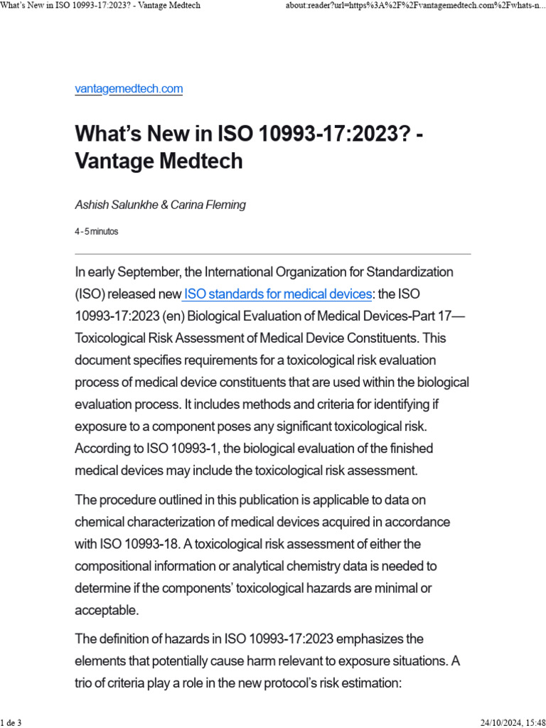 What's New in ISO 10993-17 - 2023 - Vantage Medtech | PDF | Risk | Toxicology