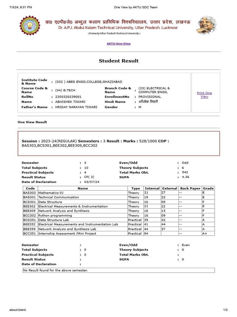 AKTU B.Tech 3rd Semester Results | PDF | Computing