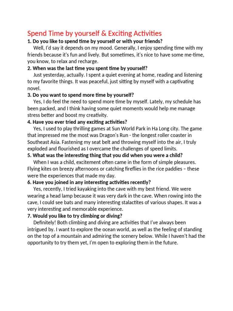Spend Time by Yourself & Exciting Activities | PDF