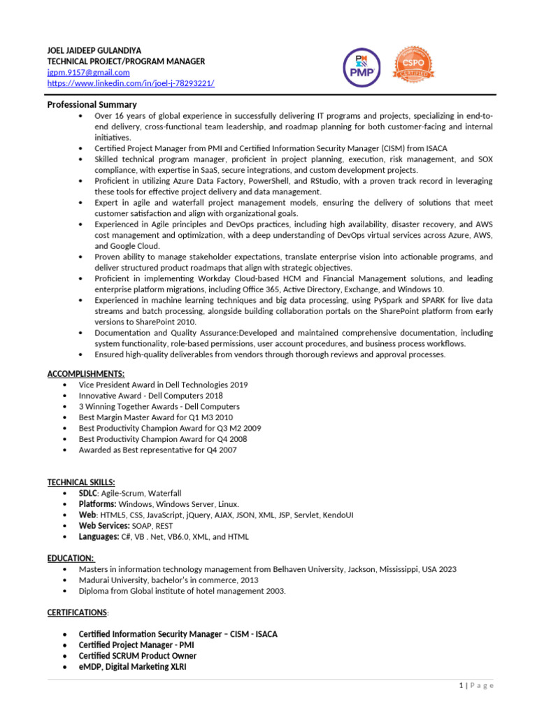 Joel PM Resume 2024 August | PDF | Cloud Computing | Share Point