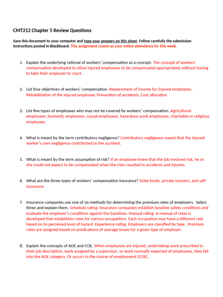 CMT212 Chapt 5 Worksheet | PDF | Employment | Workers' Compensation