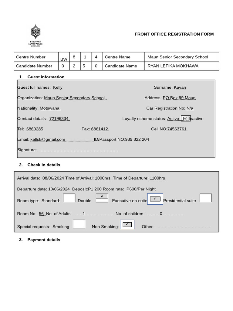 2024 BSSE FRONT OFFICE REGISTRATION FORM PAPER 3 (Lefika 5D) | PDF
