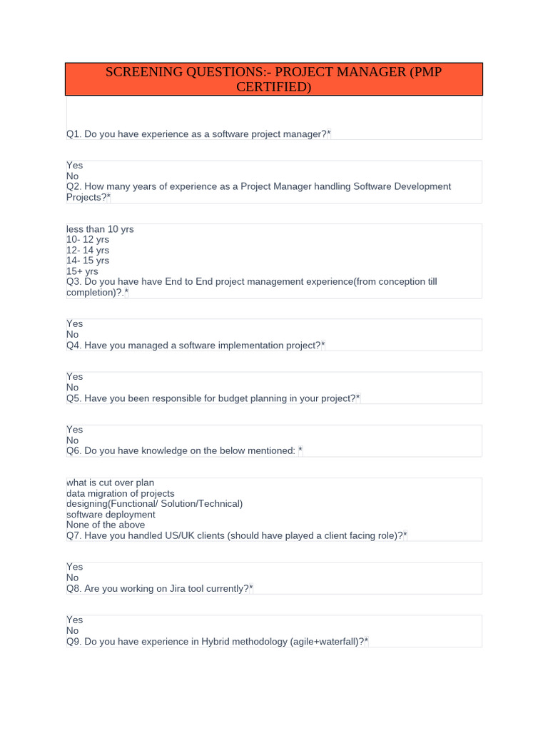 Screening Questions For Project Manager (PMP Certified) | PDF | Business