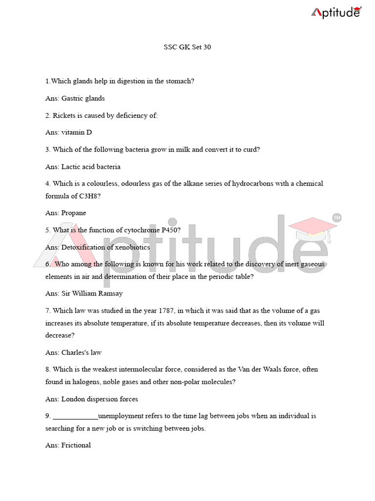 SSC GK Set 30 | PDF | Gases | Physical Chemistry