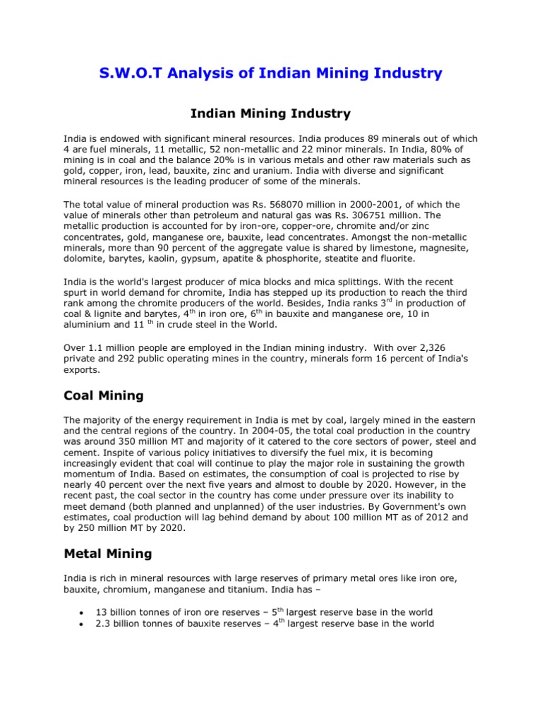 S.W.O.T Analysis of Indian Mining Industry | PDF | Iron Ore | Coal