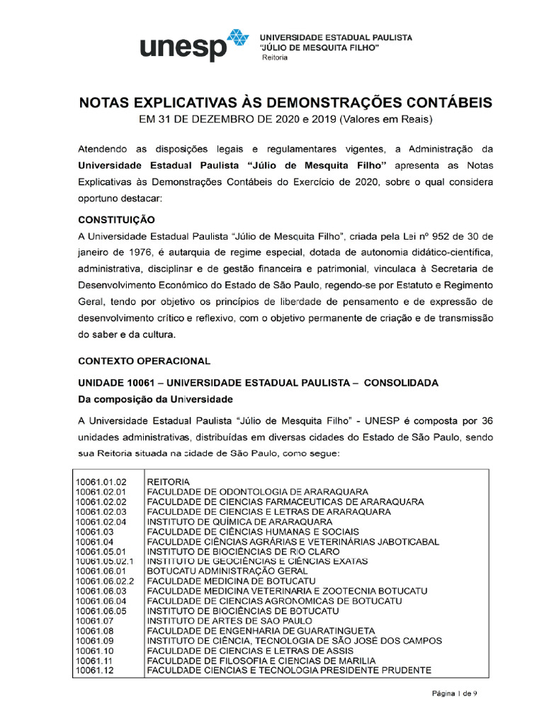 Notas Explicativas UNeESP-2020-consolidada | PDF