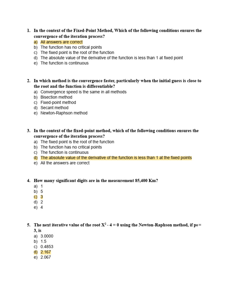 Numerical Methods (Quiz-1 (Past-Papers) ) (22-10-2024) | PDF