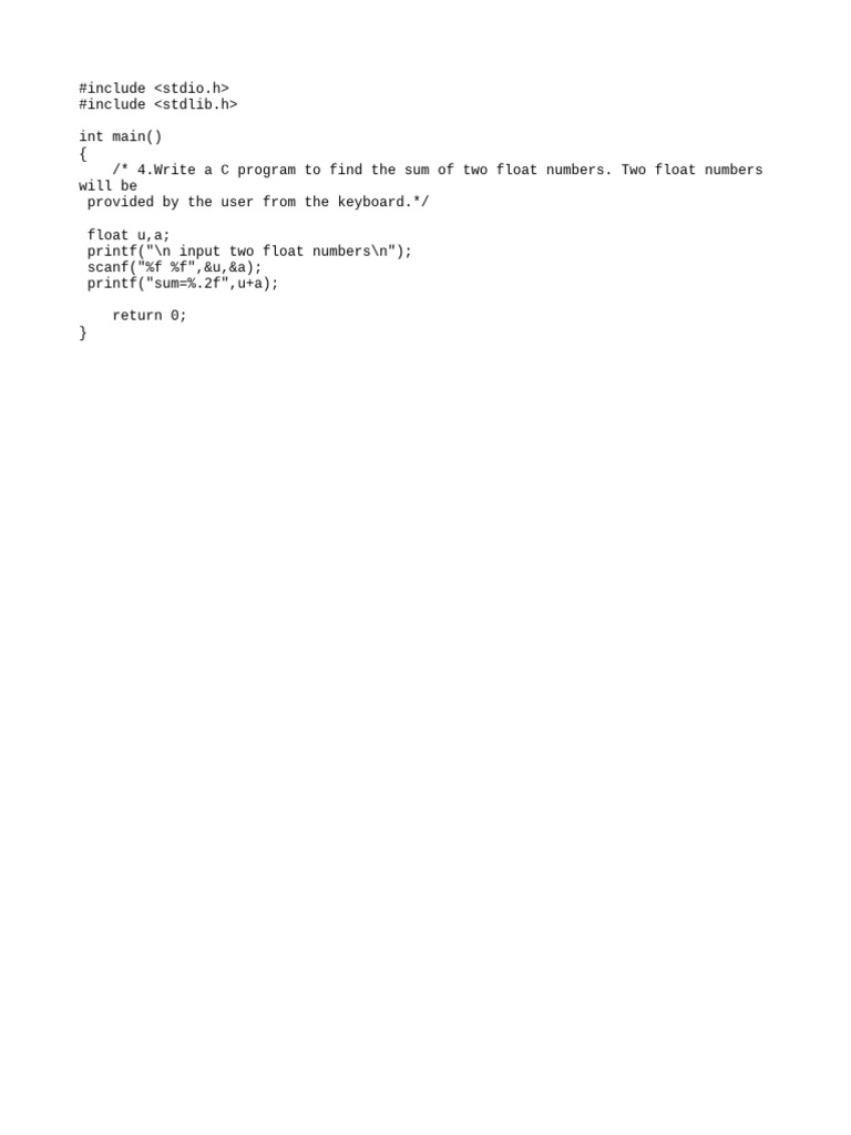 C Program: Sum of Two Floats | PDF