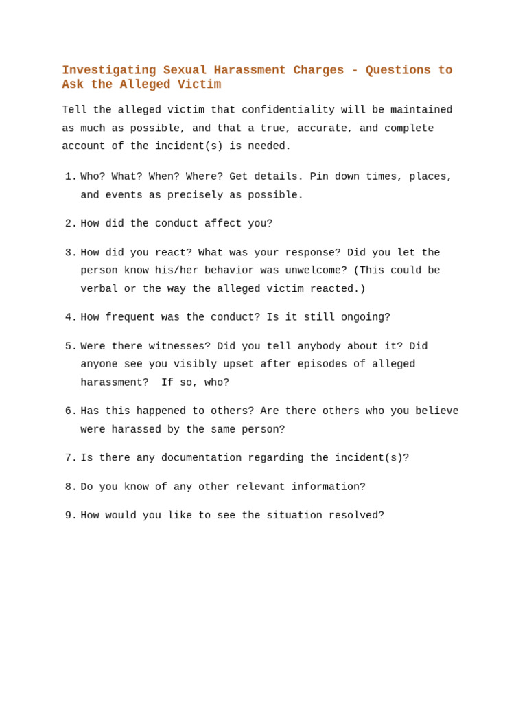 Questions For Investigating Sexual Harassment Charges Pdf Sexual