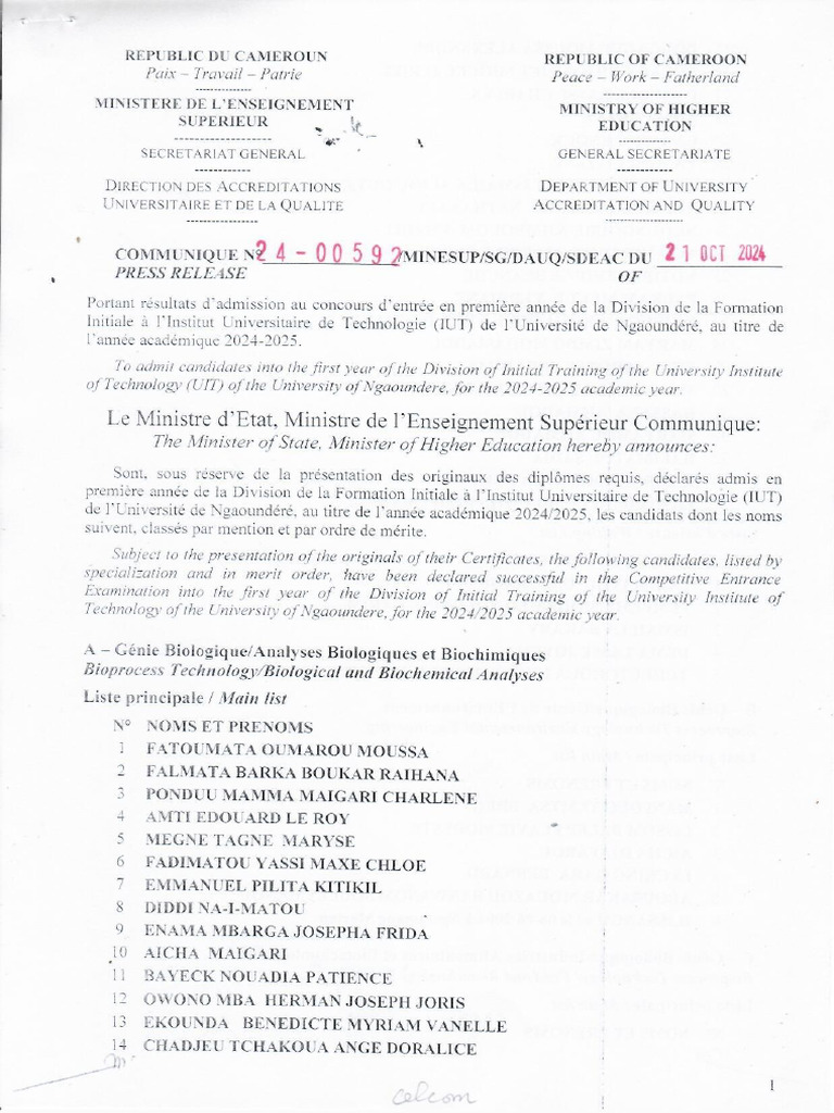 Résultats Concours D'entrée en 1ère A Division de La Formation Initiale-IUT-UNDERE-2024-2025 | PDF