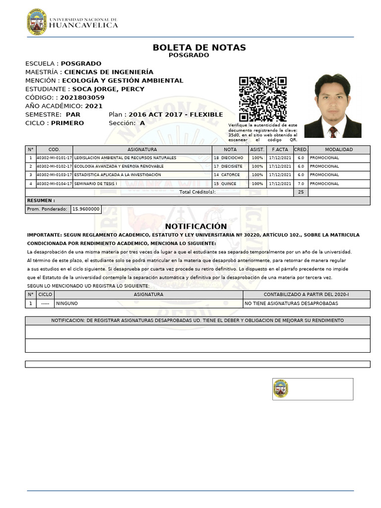 Boleta de Notas I Semestre | PDF