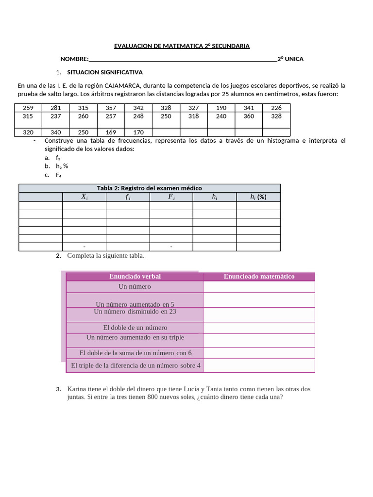 EVALUACION DE MATEMATICA 2° secundaria 2 unidad | PDF