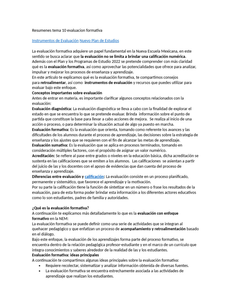 Resumenes Tema 10 Evaluacion Formativa | PDF | Evaluación | Enseñando