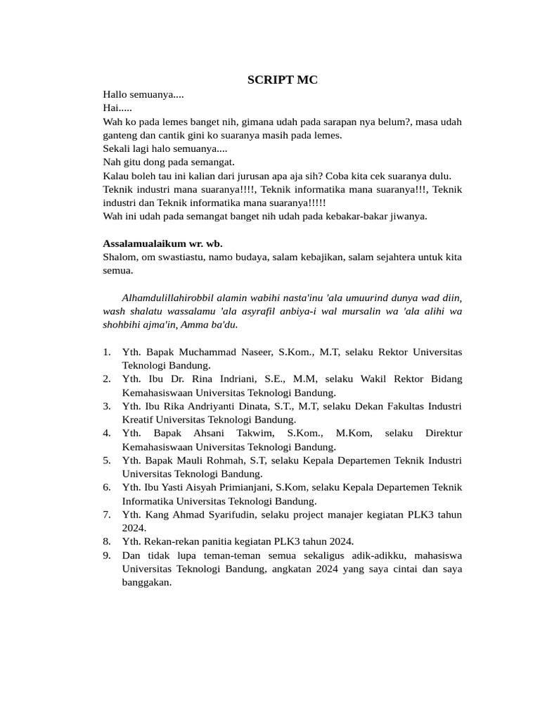 Skrip MC Acara PLK3 2024 | PDF