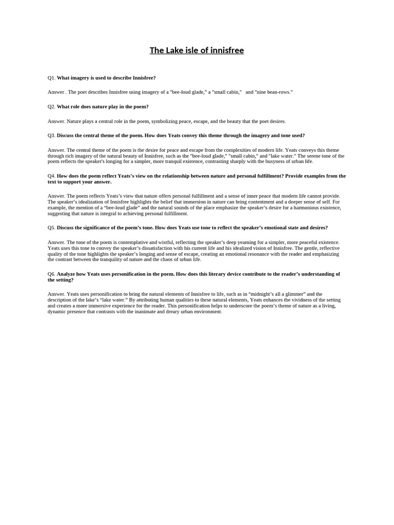 Class 9th The Lake Isle of Innisfree | PDF | Poetry | W. B. Yeats