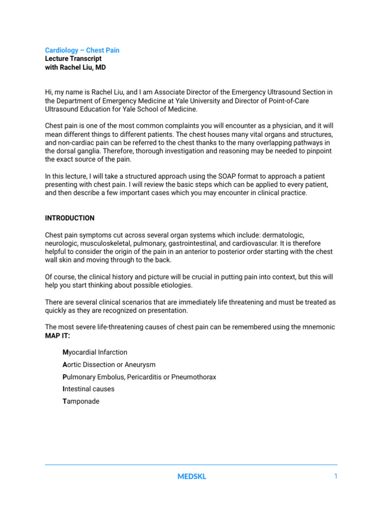 Cardiology - Chest Pain - Lecture Transcript - Rachel Liu REF | PDF ...