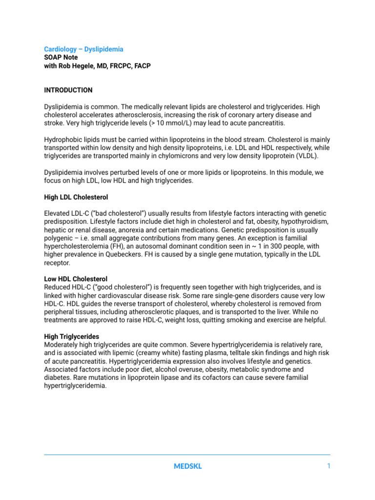 Cardiology - Dyslipidemia - SOAP Note - Rob Hegele | PDF | High Density ...