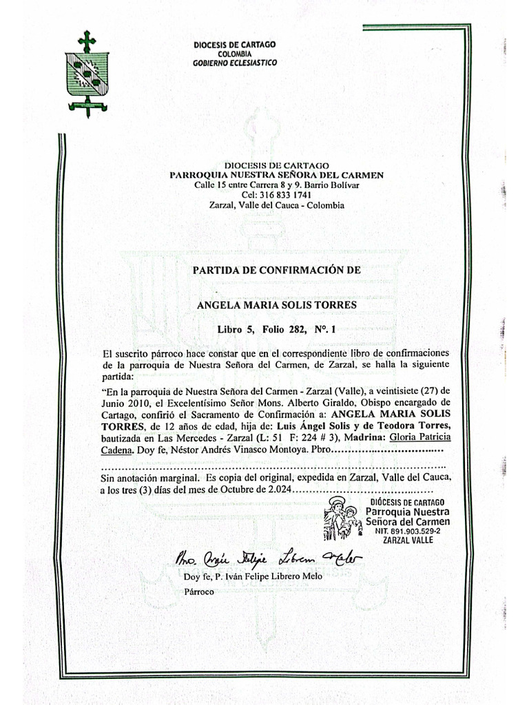Confiirmacion Angela Solis | PDF