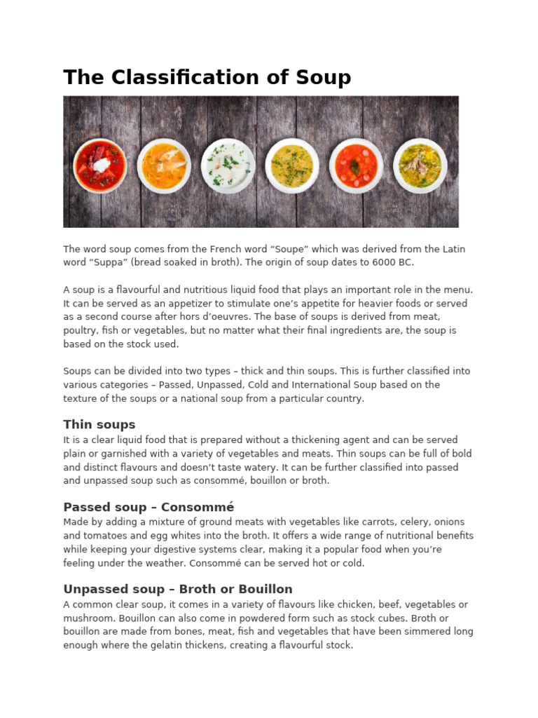 Soup Classification and Types Explained | PDF | Soup | Foods