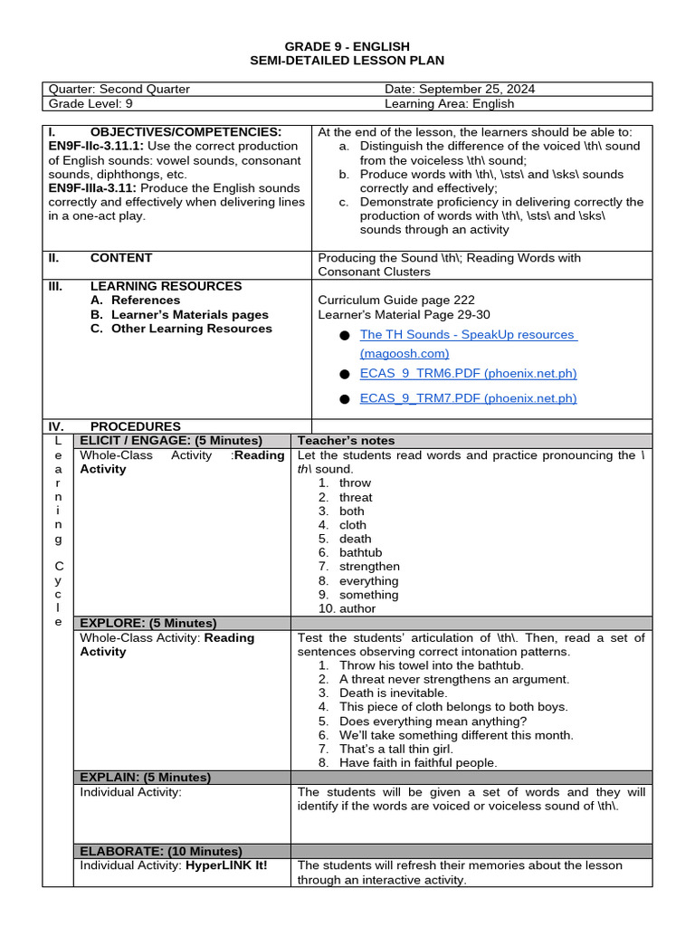 Grade 9 English Lesson Plan: TH Sounds | PDF | English Language | Consonant