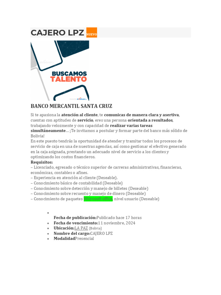 Banco Mercantil Cajero LPZ | PDF