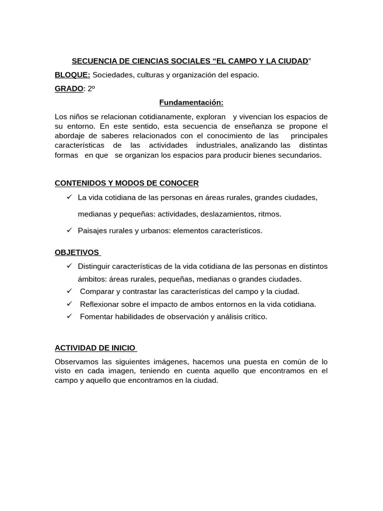 Secuencia de Ciencias Sociales El Campo y La Ciudad 2 Grado | PDF ...