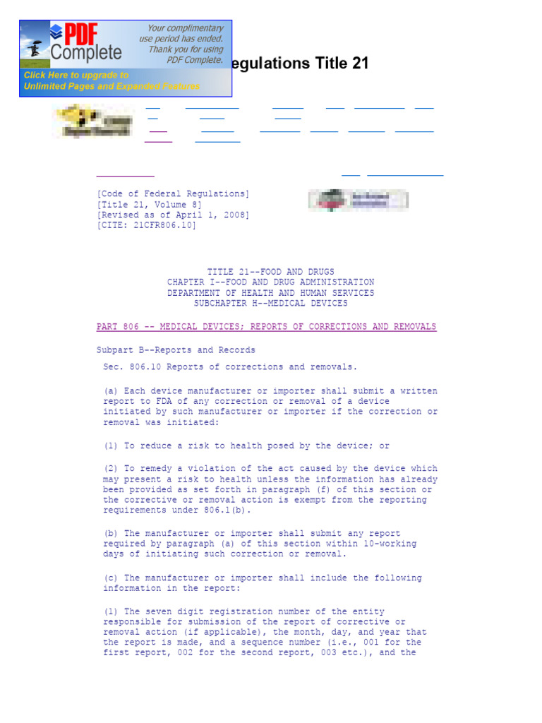 CFR - Code of Federal Regulations - Title 21 - 806-10 | PDF | Code Of ...