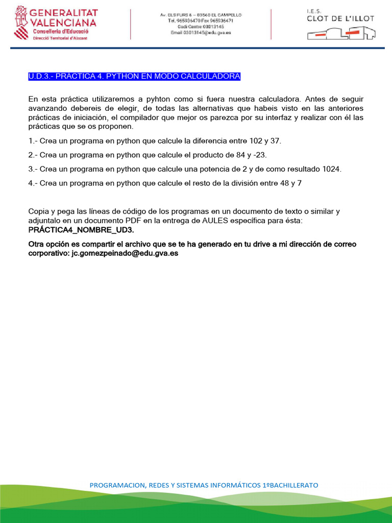 PRÁCTICA 4.- UD3.- PYTHON COMO CALCULADORA | PDF