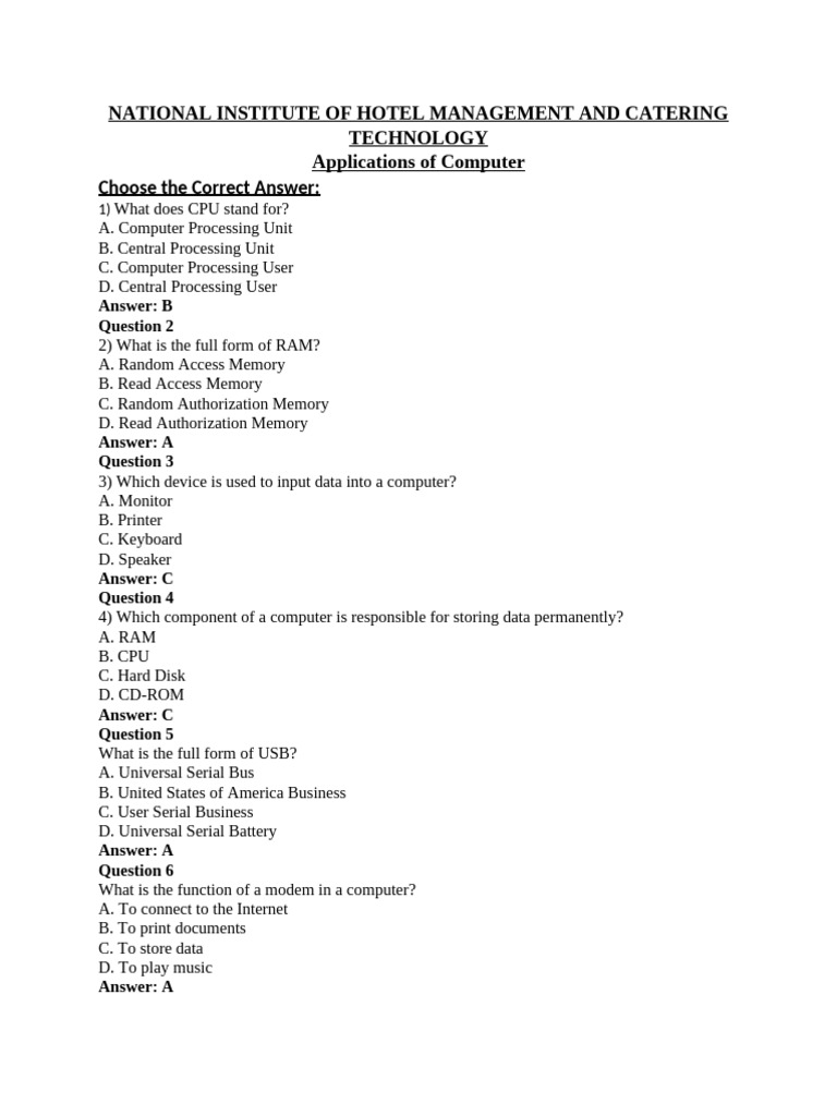 Computer Basics Quiz Questions | PDF | Computer Data Storage | Microsoft Word