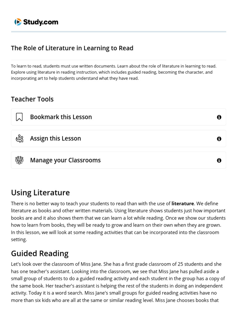 The Role of Literature in Learning To Read Lesson Study Com | PDF ...