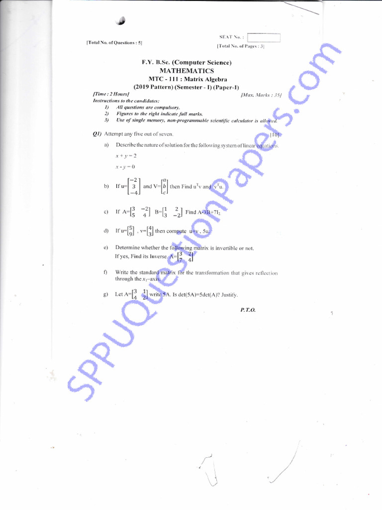 B.Sc. 1st Year Matrix Algebra Exam Paper | PDF | Matrix (Mathematics ...