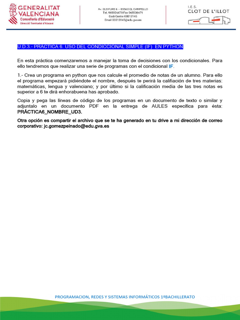 Práctica 6. - Ud3. - Condicional If en Python | PDF