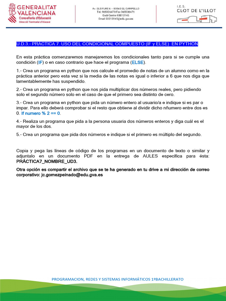 PRÁCTICA 7.- UD3.- CONDICIONAL IF-ELSE EN PYTHON | PDF
