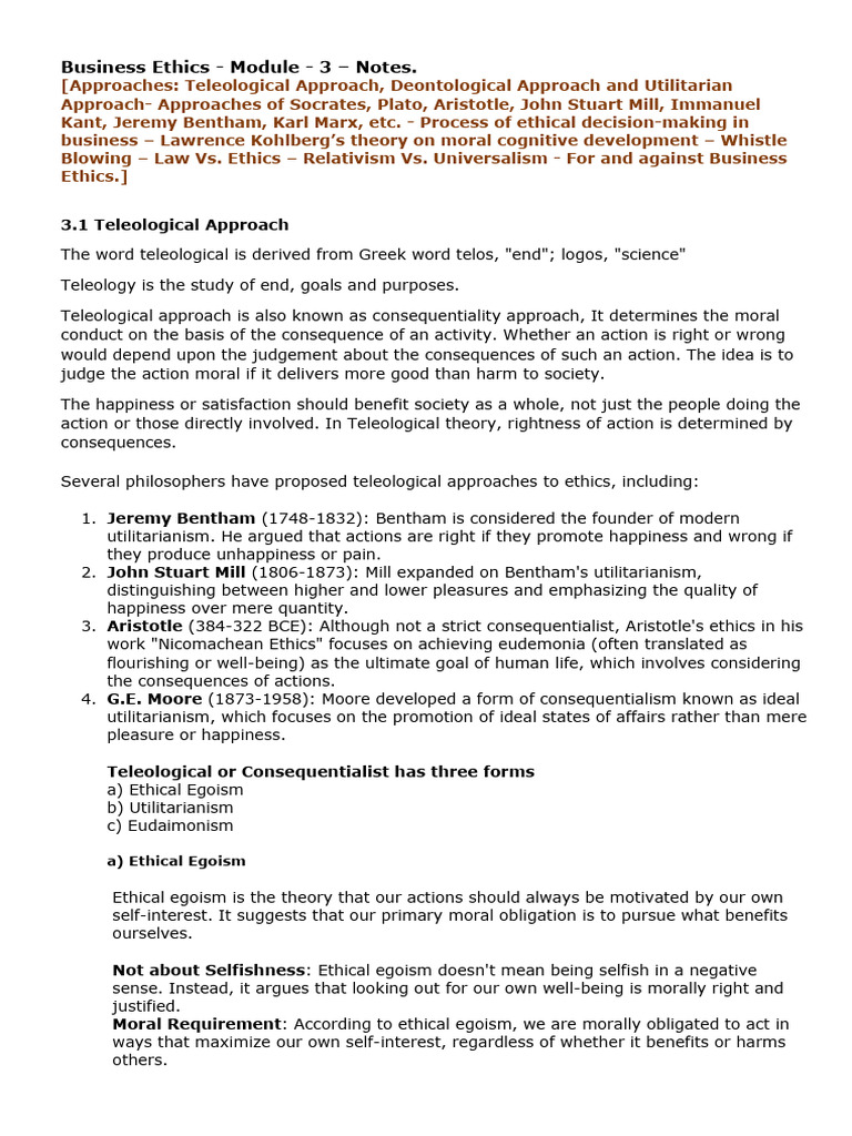 Business Ethics Module -3 Notes | PDF | Utilitarianism | Pleasure